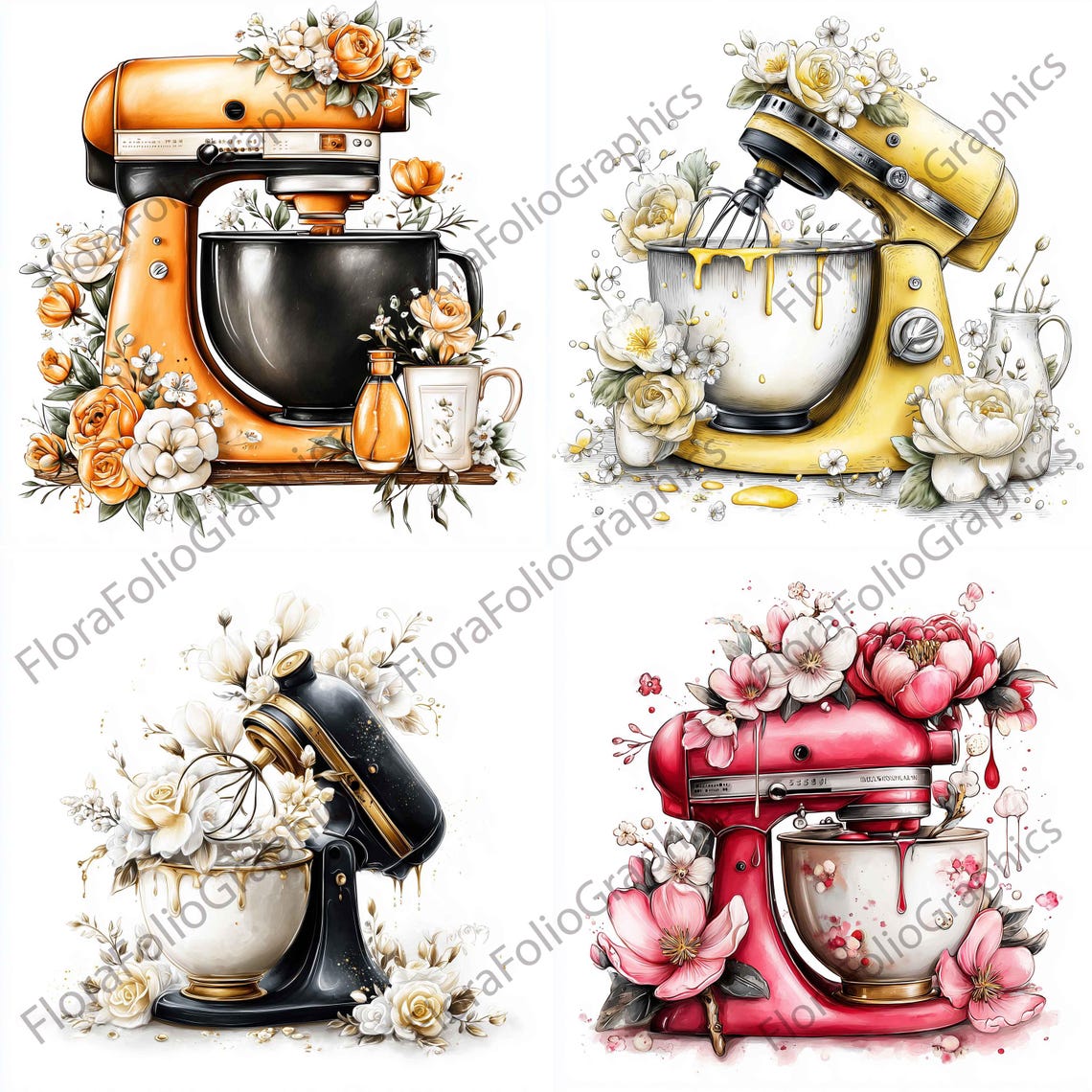 20 JPG Watercolor Floral Stand Mixer Clipart, Kitchen Aid Clipart ...