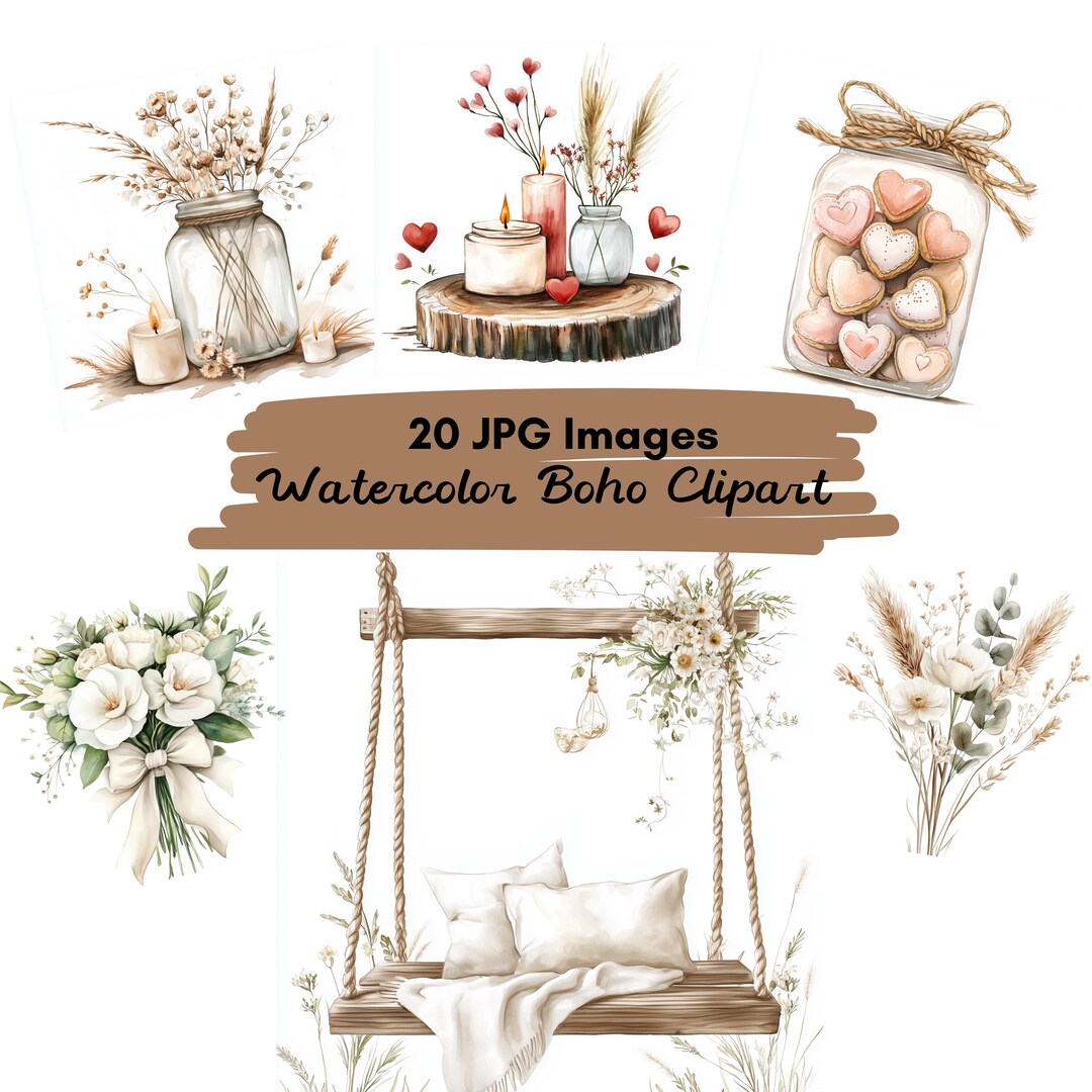 20 JPG Watercolor Boho Valentine Clipart Bundle Romantic Clip Art ...