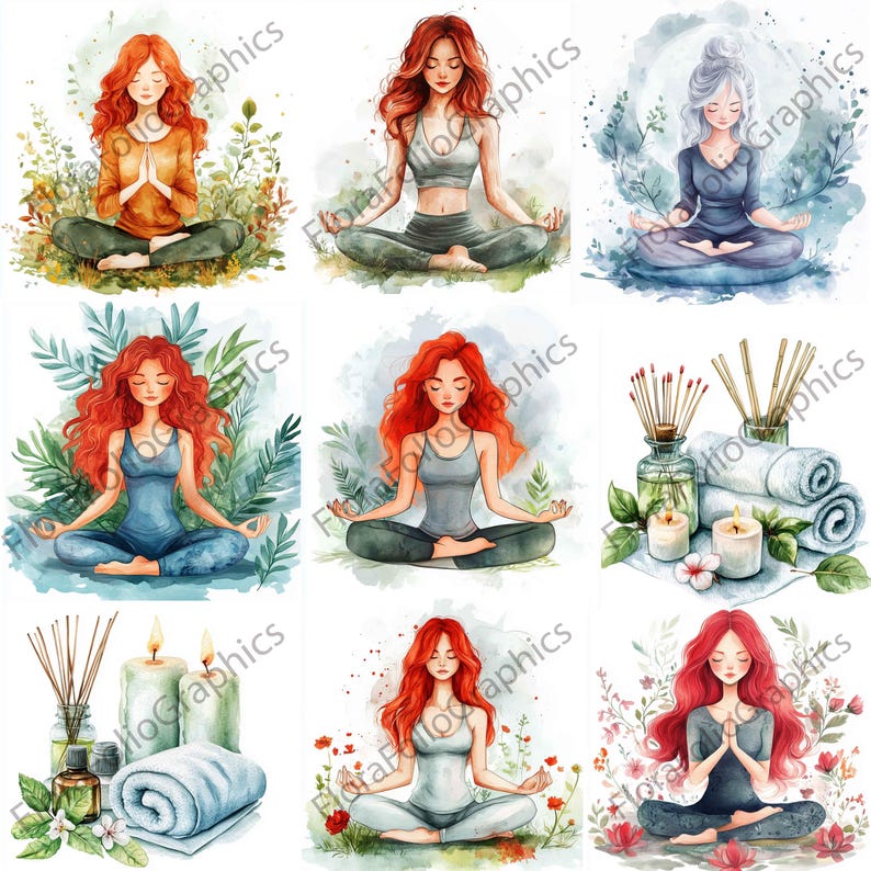 20 JPG Cute Girl Mindful Yoga Clipart, Meditation & Peace Clipart ...