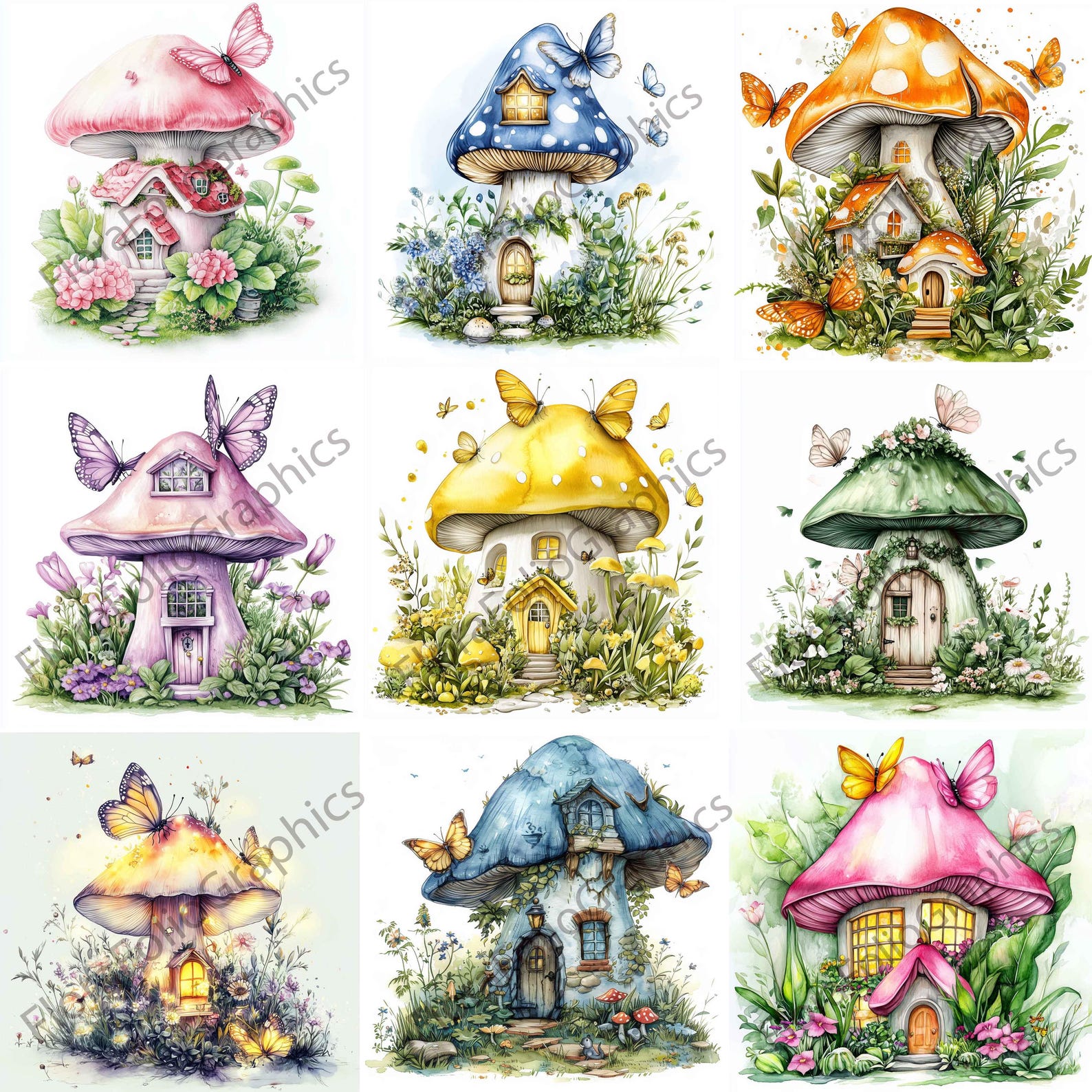 15 JPG Watercolor Whimsical Fairy Mushroom Houses Set, Home Clipart ...
