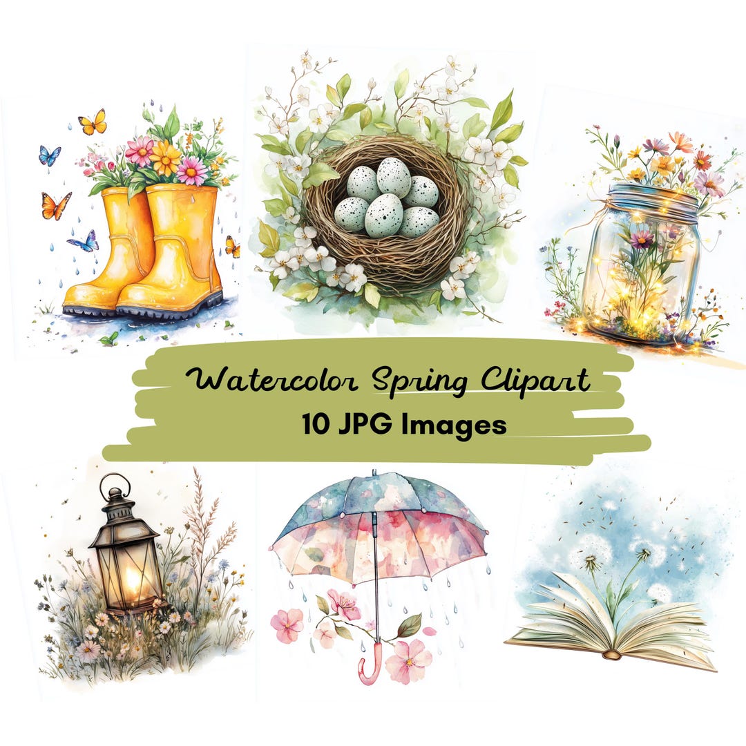 10 JPG Spring Clipart Collection, Spring Watercolor Illustration ...