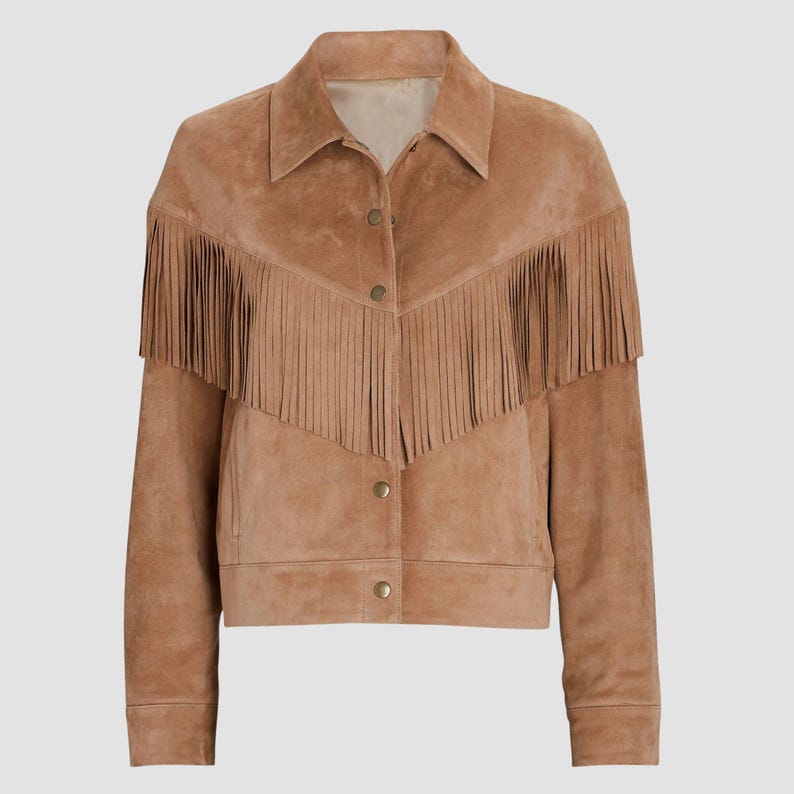 Women's Tan Suede Fringe Jacket With Snap Buttons Western Style Suede ...