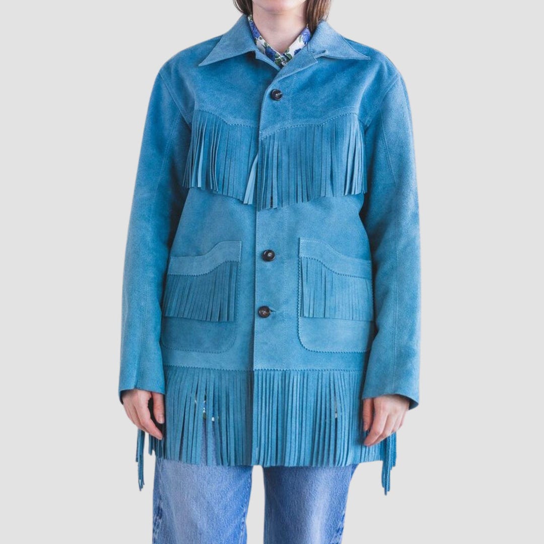 Blue Suede Fringe Jacket Womens Western Leather Coat Boho Fringe Suede ...