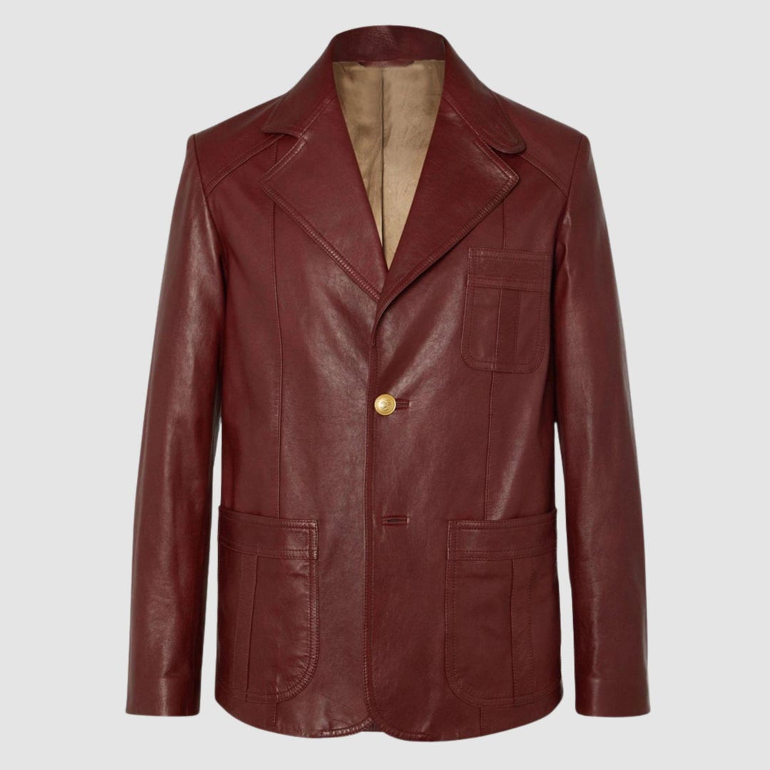 Luxury Men's Burgundy Leather Jacket With Single Gold Button Elegant ...
