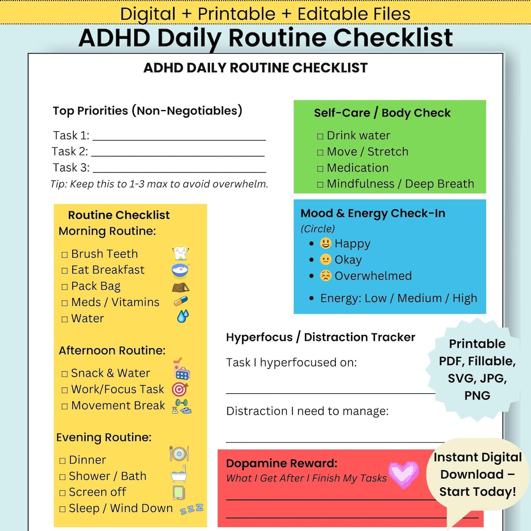 ADHD Daily Routine Checklist | Printable Fillable PDF, SVG, Jpg, Png ...