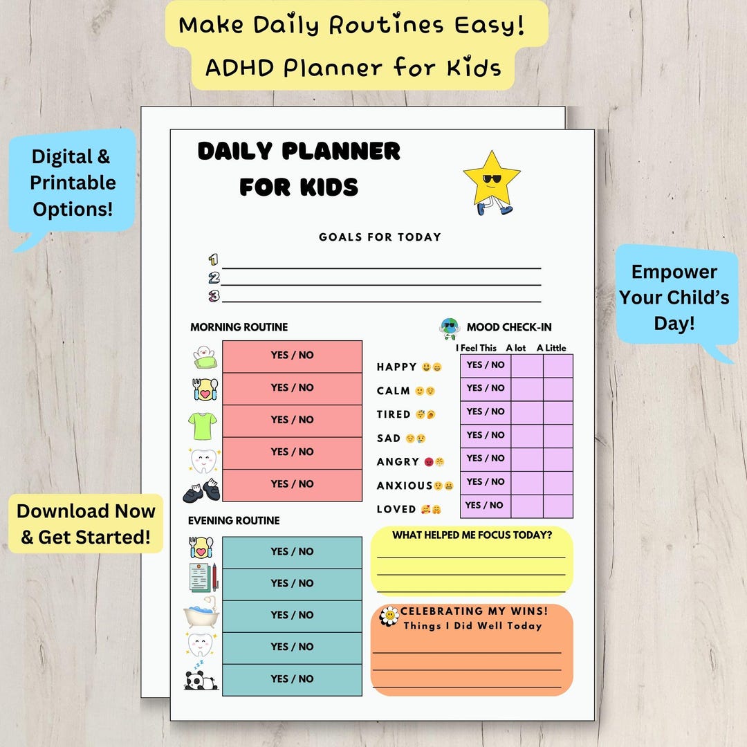 Kids ADHD Daily Planner | Printable & Fillable PDF | Digital Routine ...