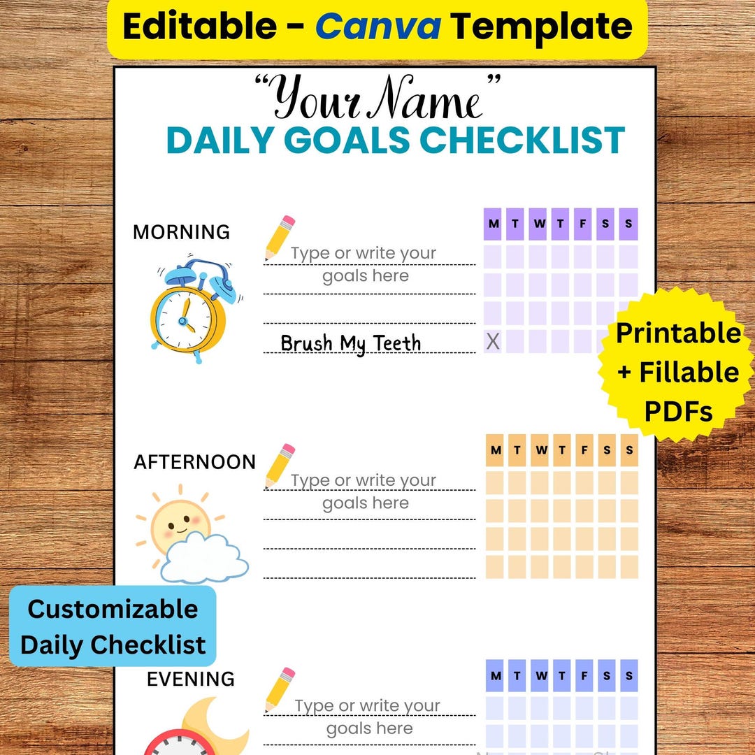 Editable Kids Daily Goals Checklist | Executive Function | Fillable PDF ...