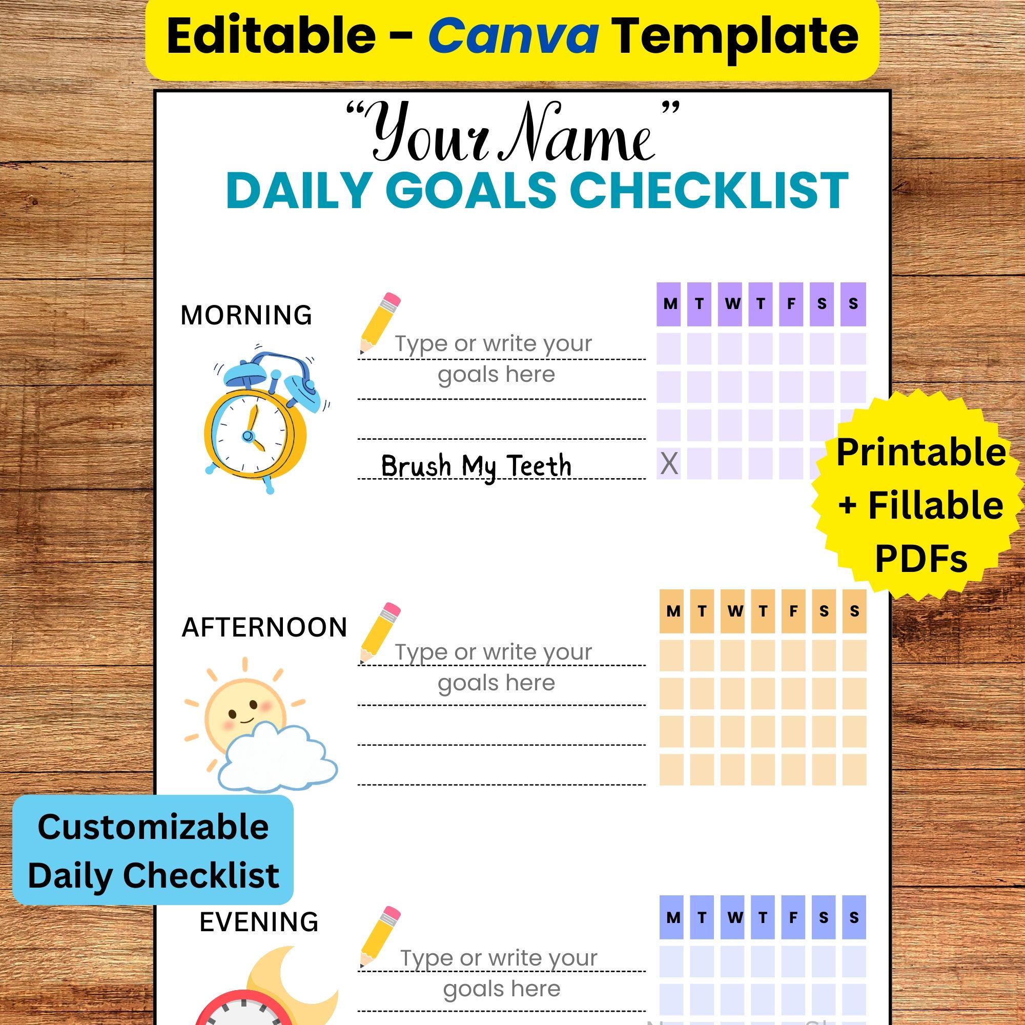 Editable Kids Daily Goals Checklist | Executive Function | Fillable PDF ...