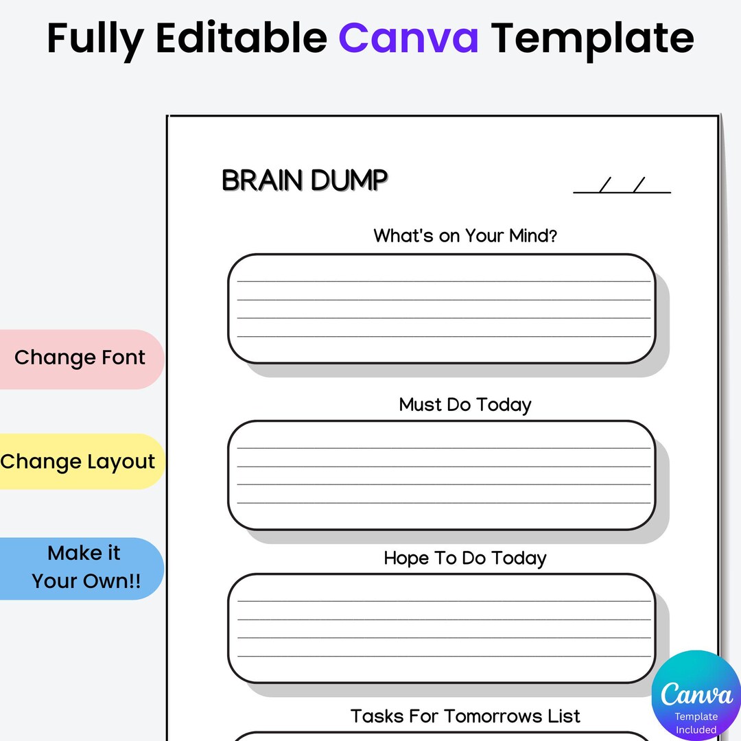 ADHD Autism, PDA Brain Dump Planner Bundle, Fully Editable Canva ...