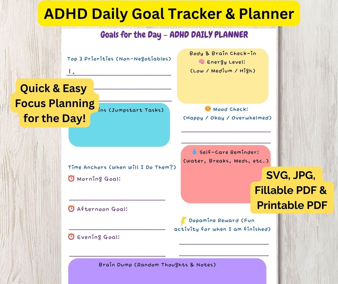 ADHD Planner Printable | Undated Printable PDF | Daily Focus, Goal ...