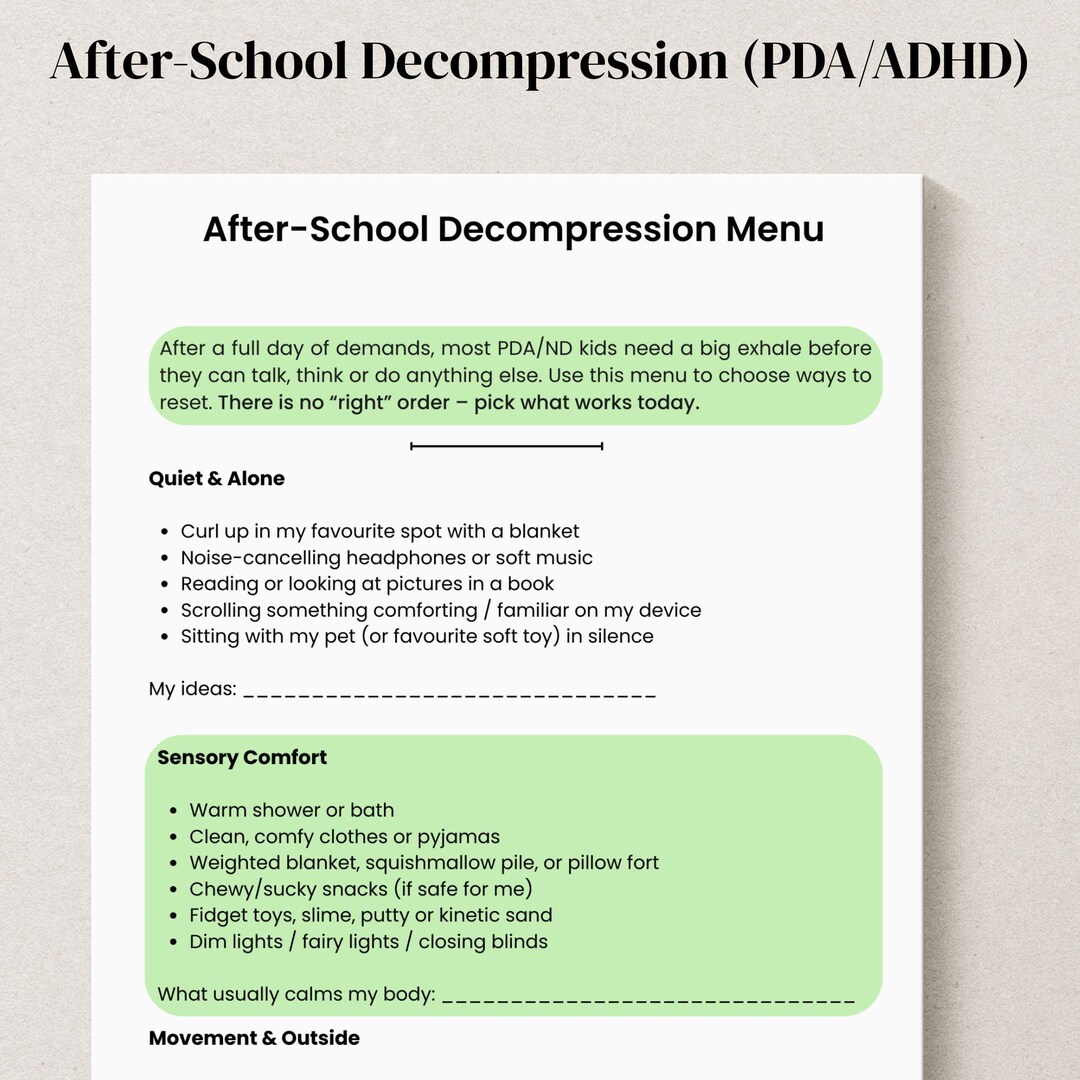 After School Decompression Menu Printable | PDA ADHD Autism | Calm Down ...