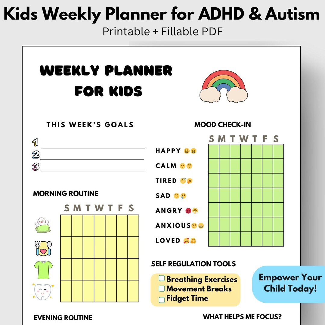 ADHD Routine Chart Kids | Mood Tracker Journal |weekly Digital ...