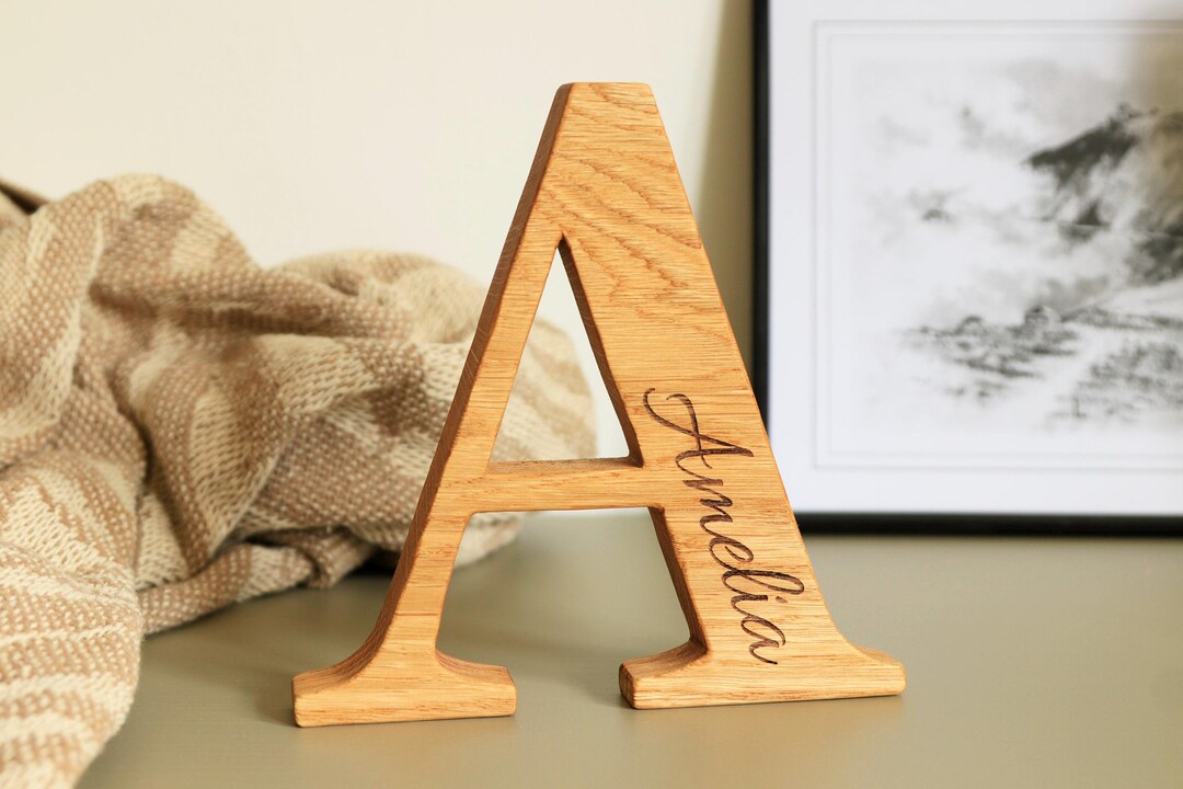 Personalized Oak Wood Letter – Freestanding Natural Initial With Custom ...