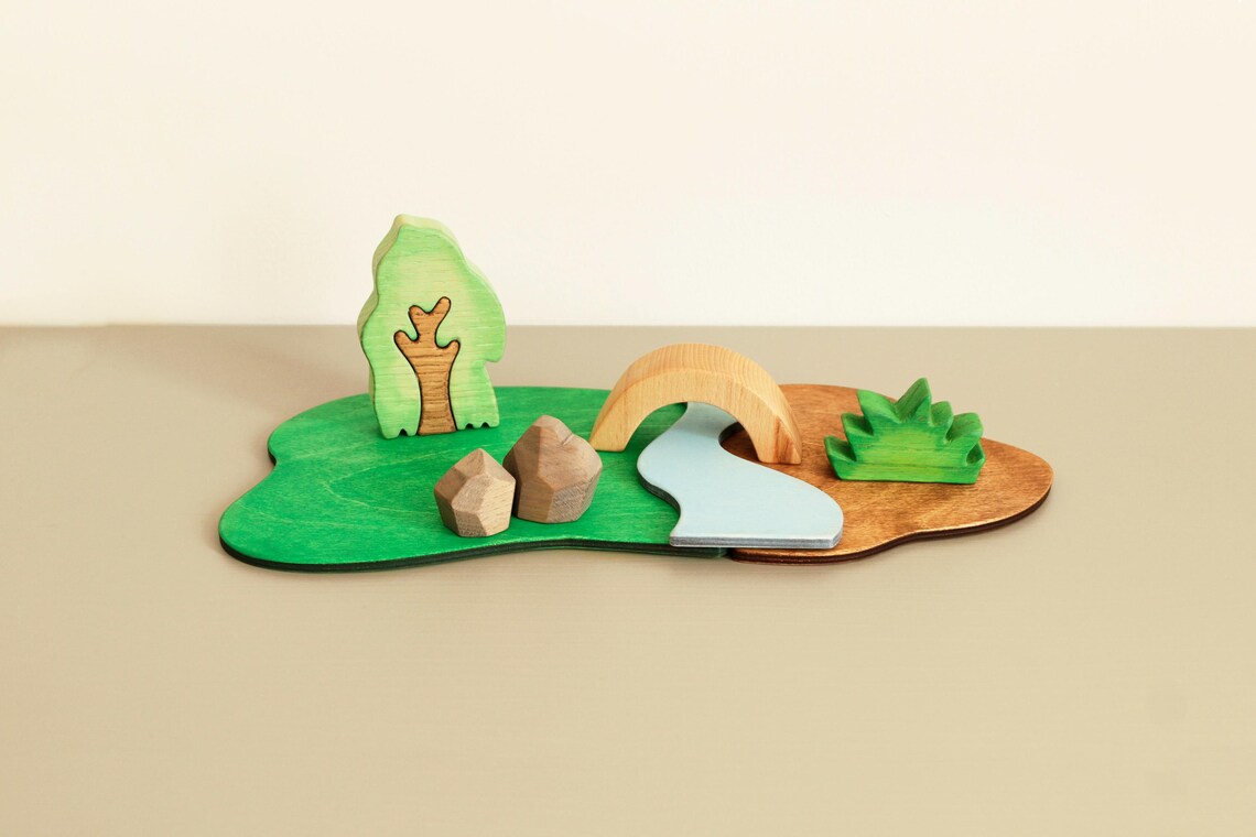Wooden Landscape Play Set With Bridge River Trees – Waldorf ...