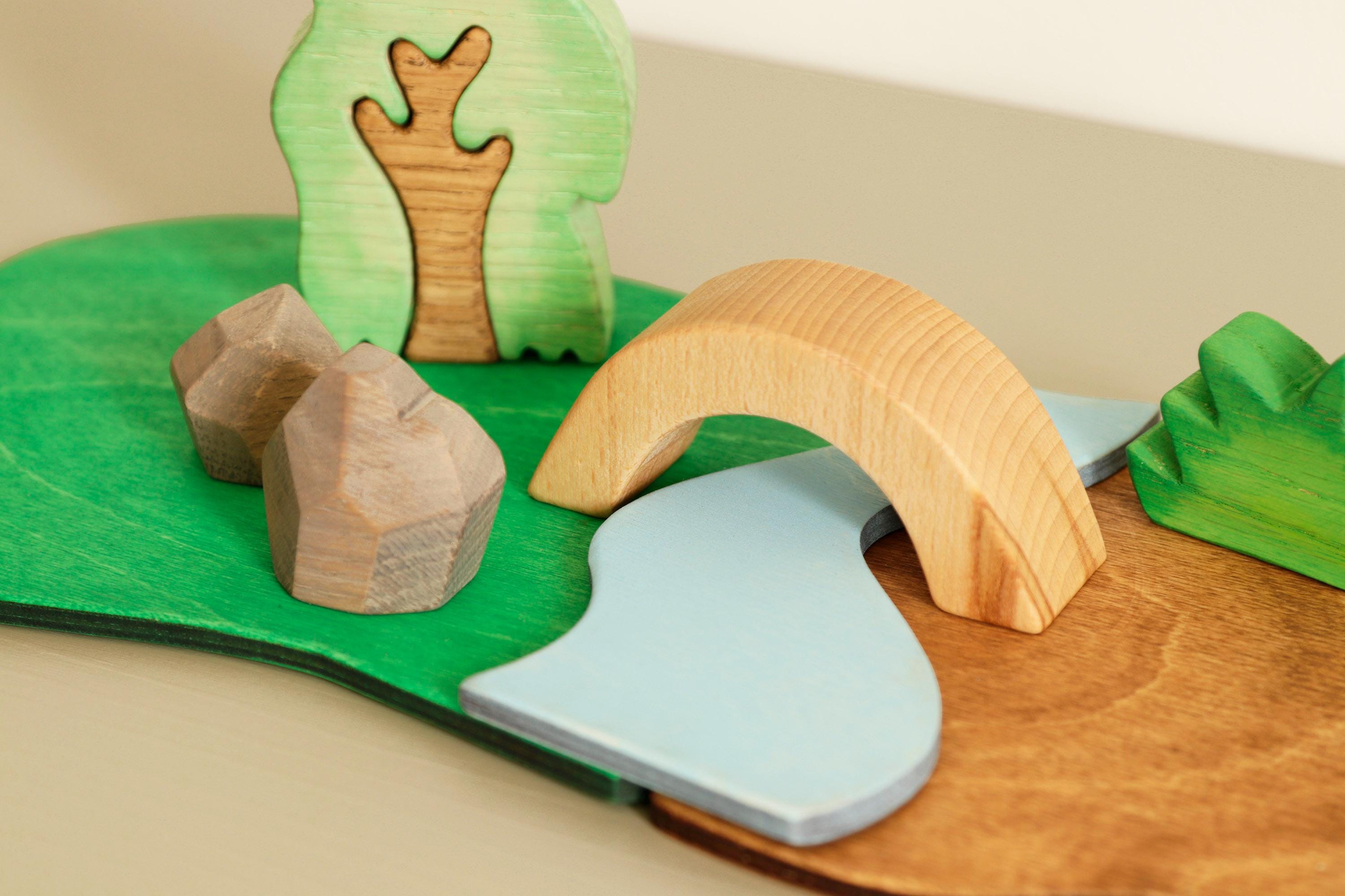Wooden Landscape Play Set With Bridge River Trees – Waldorf ...