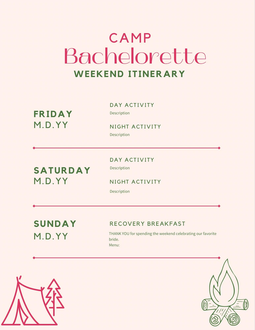 Camp Bachelorette Itinerary Template - Etsy