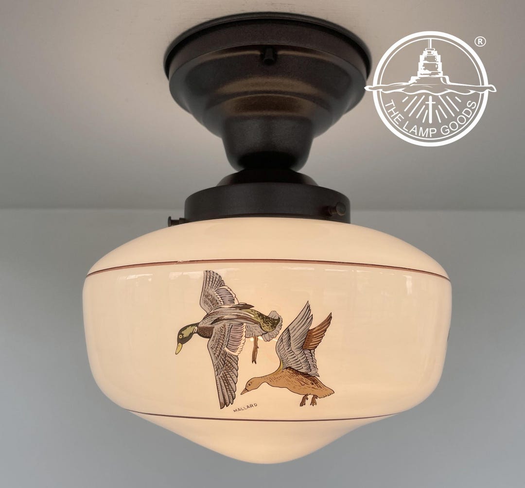 MALLARD Ducks PRINT Retro 1970's Milk Glass Ceiling Light Fixture ...
