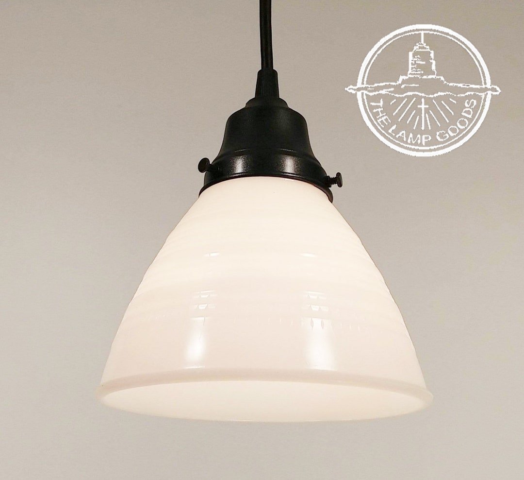 Milk Glass 1930's Banded Waffle Pendant Light Fixture - Industrial ...