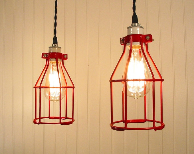 Urban Port. PAIR Vintage RED Industrial Cage PENDANT Lights - Etsy