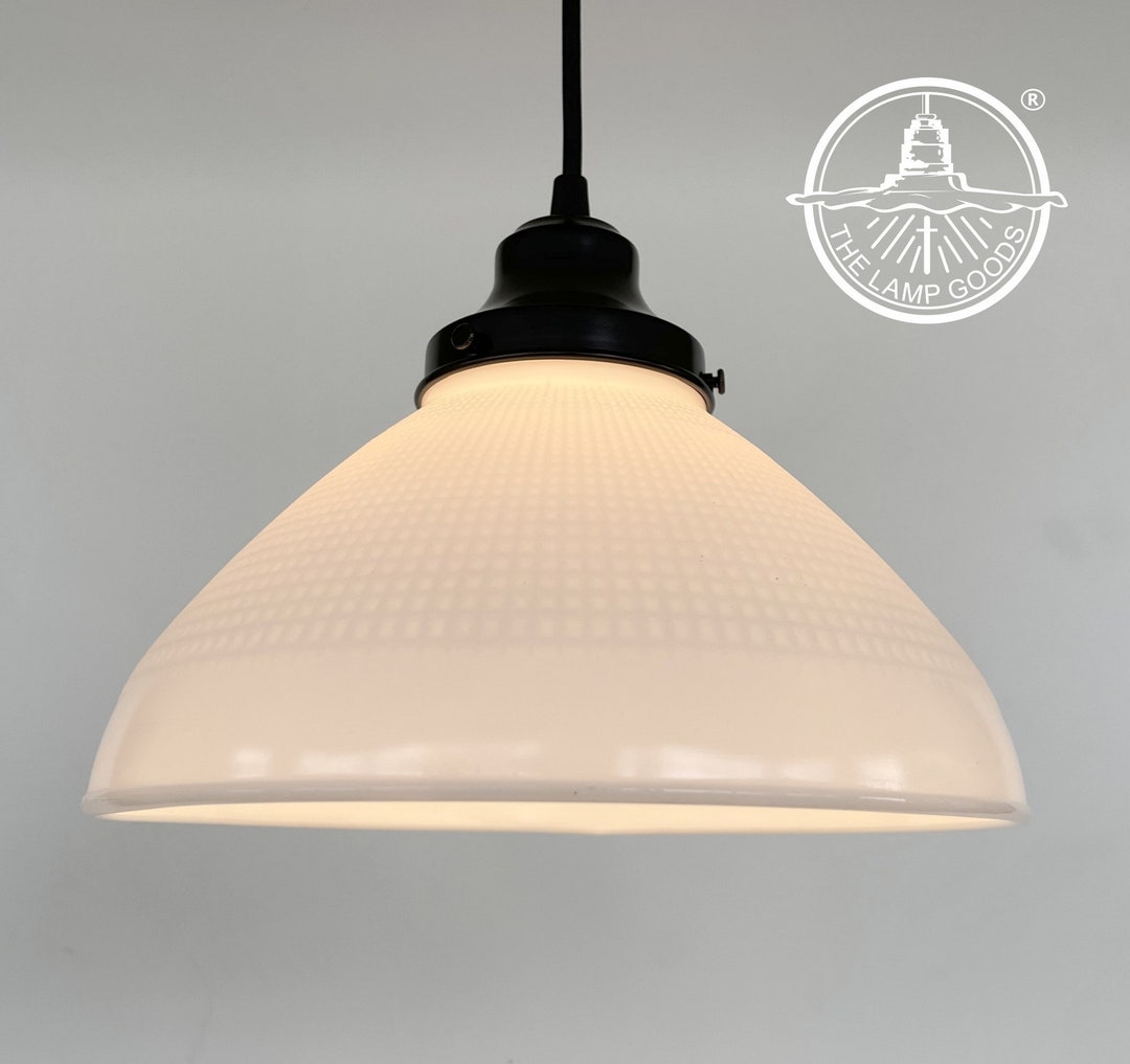 Authentic Antique Waffle PENDANT Light of Vintage Milk Glass Flush ...