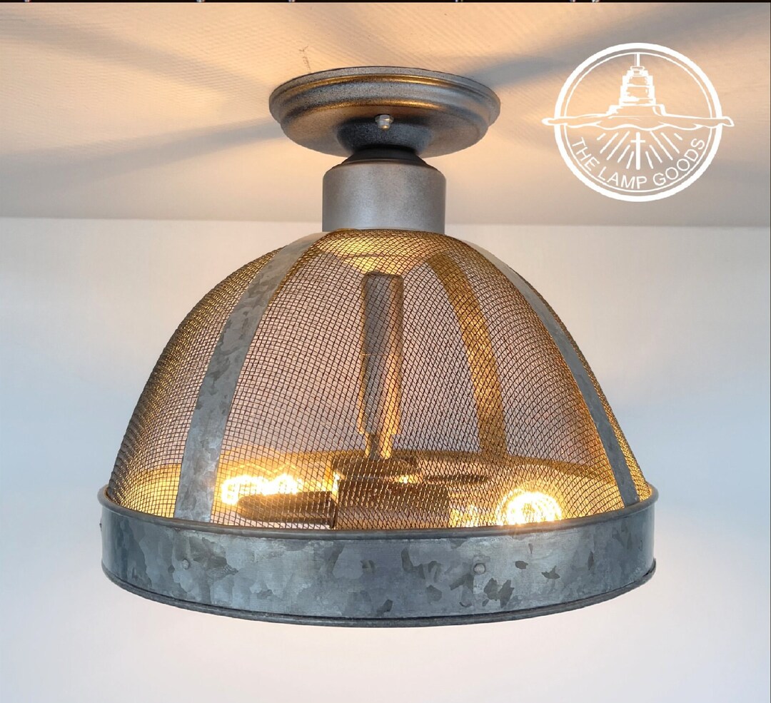 Rustic INDUSTRIAL Galvanized Screen Dome Flush Mount Cage Ceiling Light ...