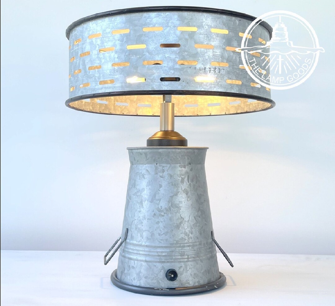 Farmhouse Lamp Table Rustic Galvanized Bedroom Stand Light Fixture Plug ...