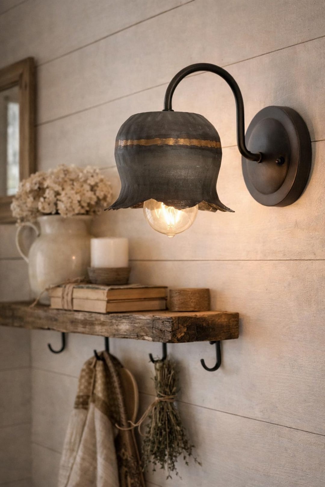 Lotus Flower Galvanized Wall Sconce | Farmhouse Steel Vanity Light ...