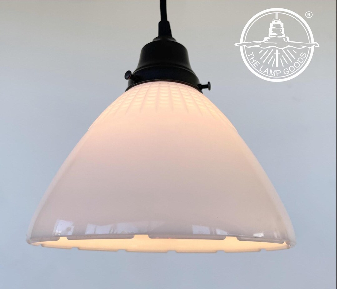 1930's Grid Milk Glass Waffle Pattern PENDANT Light Flush Mount Ceiling ...