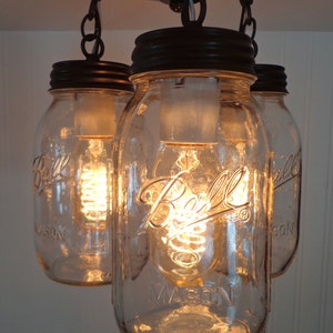 MASON JAR LIGHT Chain Trio Flush Mount New Quart Fan Fixture Rustic ...