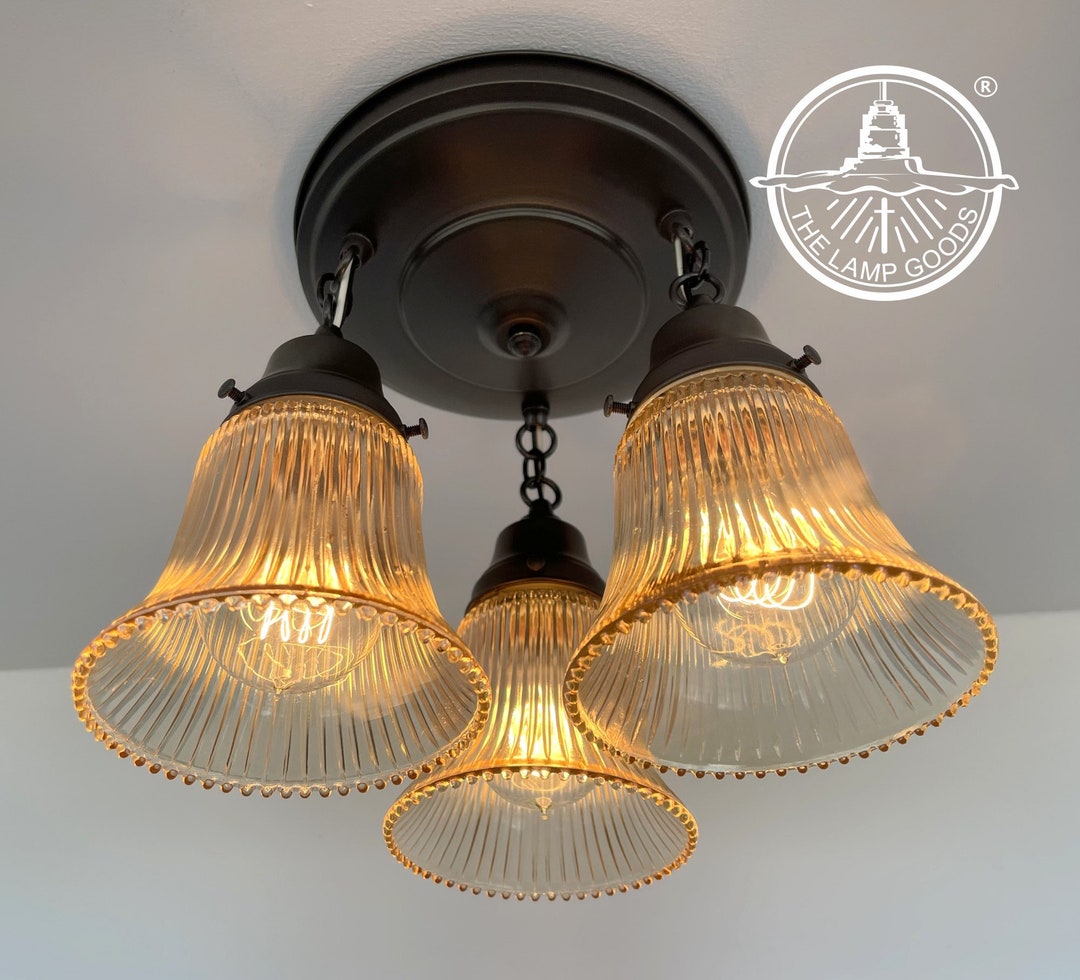 Antique AMBER Holophane Glass Ceiling Light Fixtures Chain Trio-kitchen ...