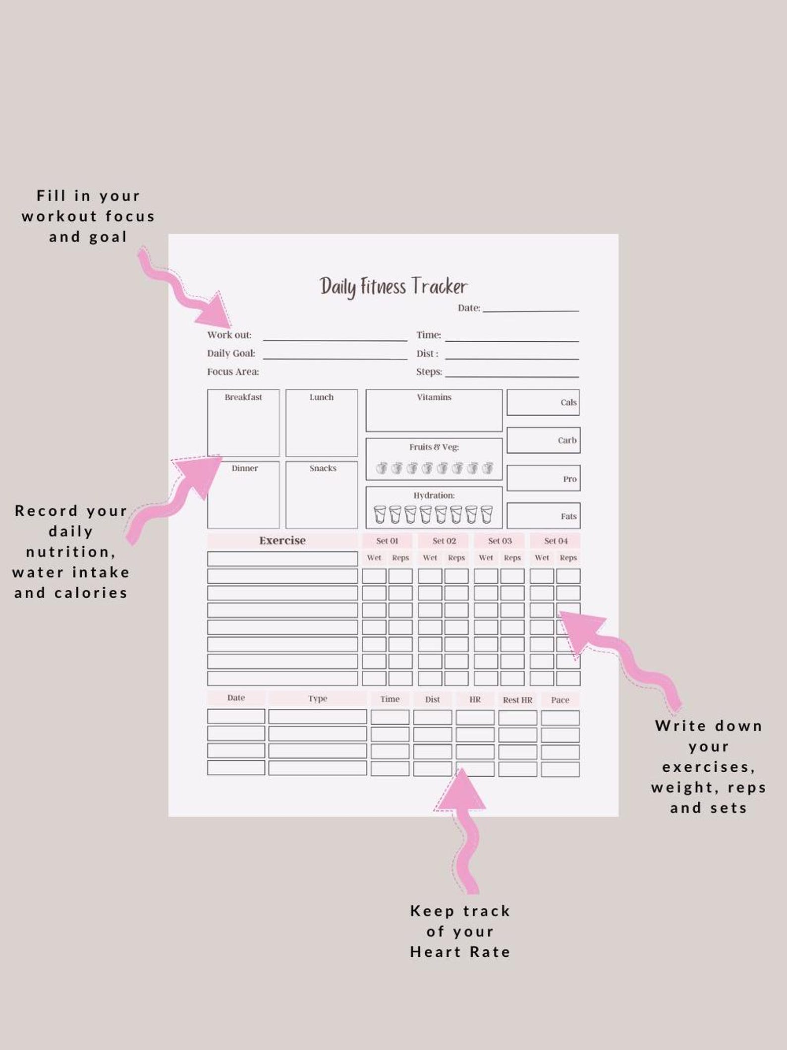 Printable Daily Fitness Tracker, Daily Fitness and Meal Tracker, Canva ...