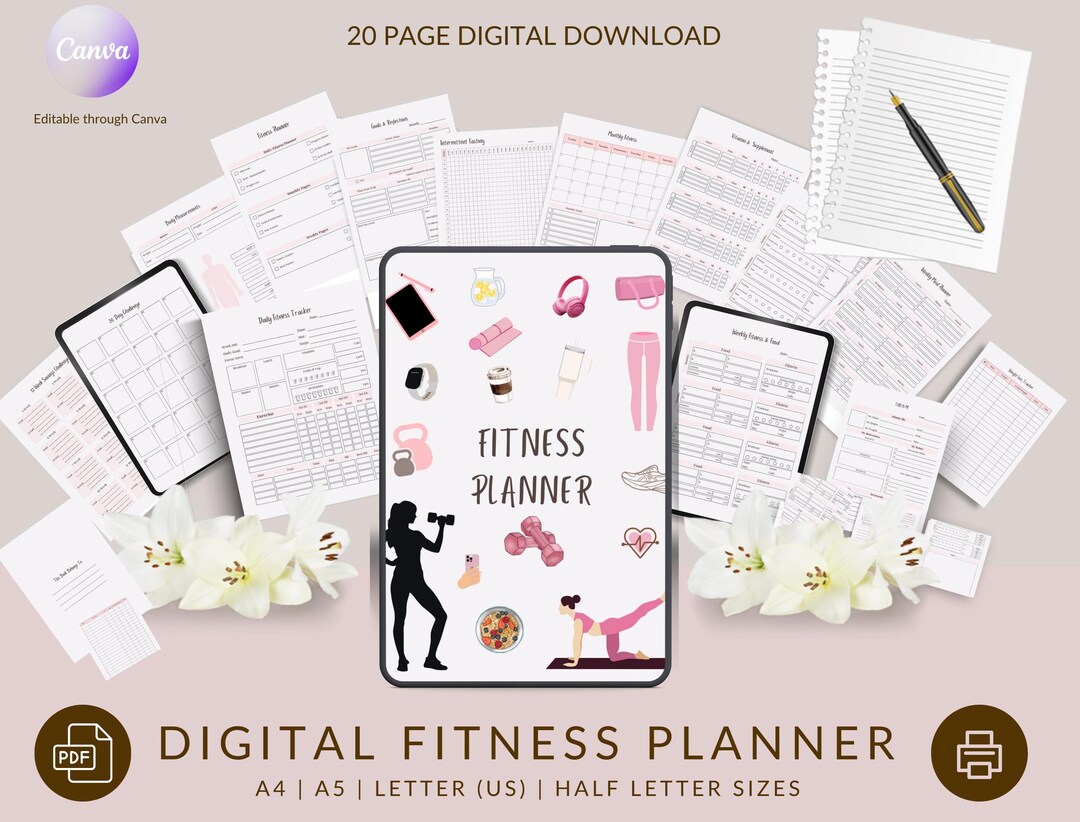 Printable Fitness Planner Bundle, Workout Journal, Wellness Tracker ...