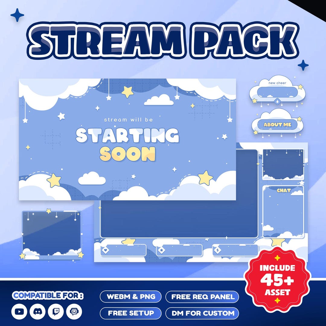 Cloudy Puffs Animated Stream Overlay Package for Twitch Kick Youtube, Cute Blue Cloud Theme ...