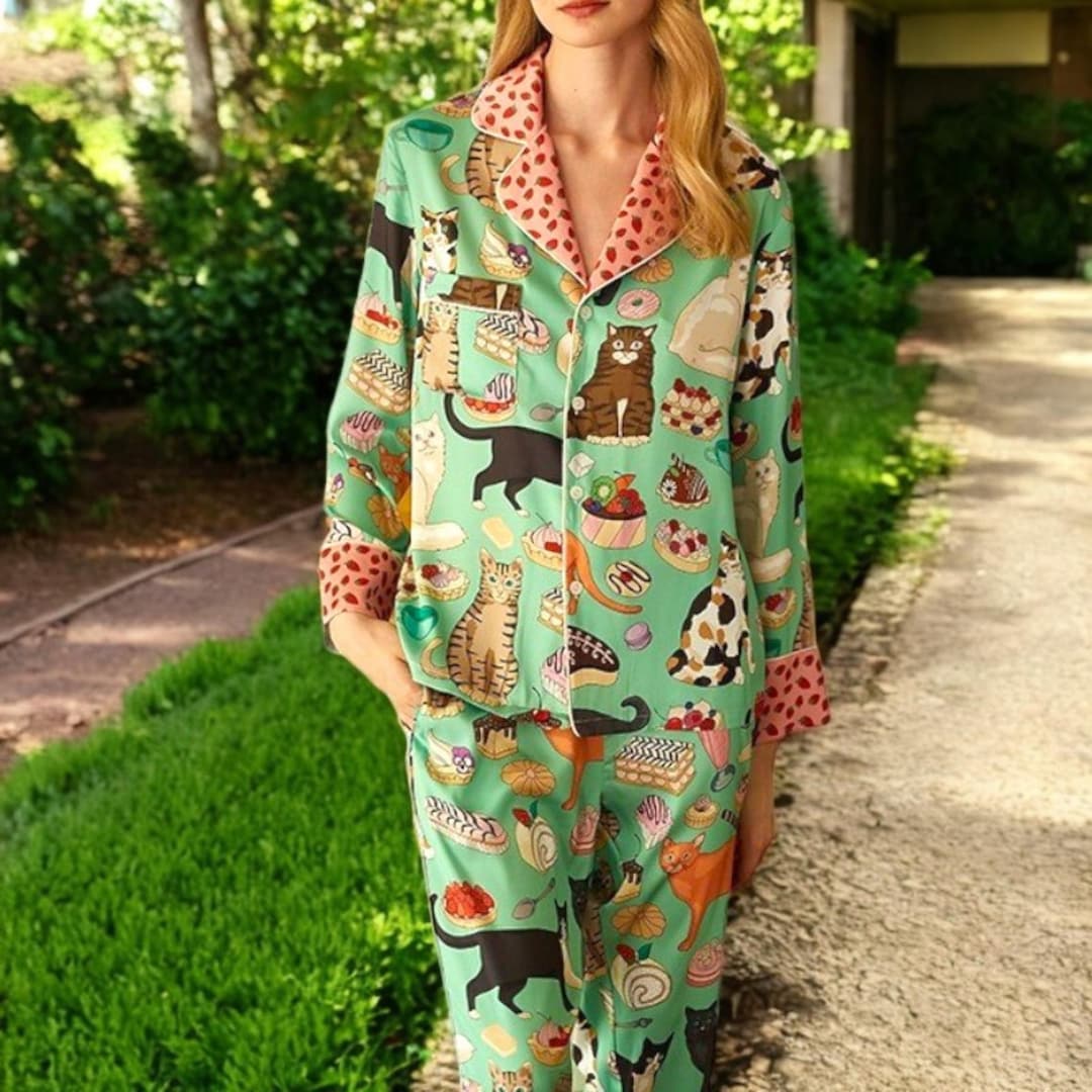 Cat Silk Pajamas, Cute Cat Pjs, Cozy Cat Pajamas, Cat Lover Sleepwear ...