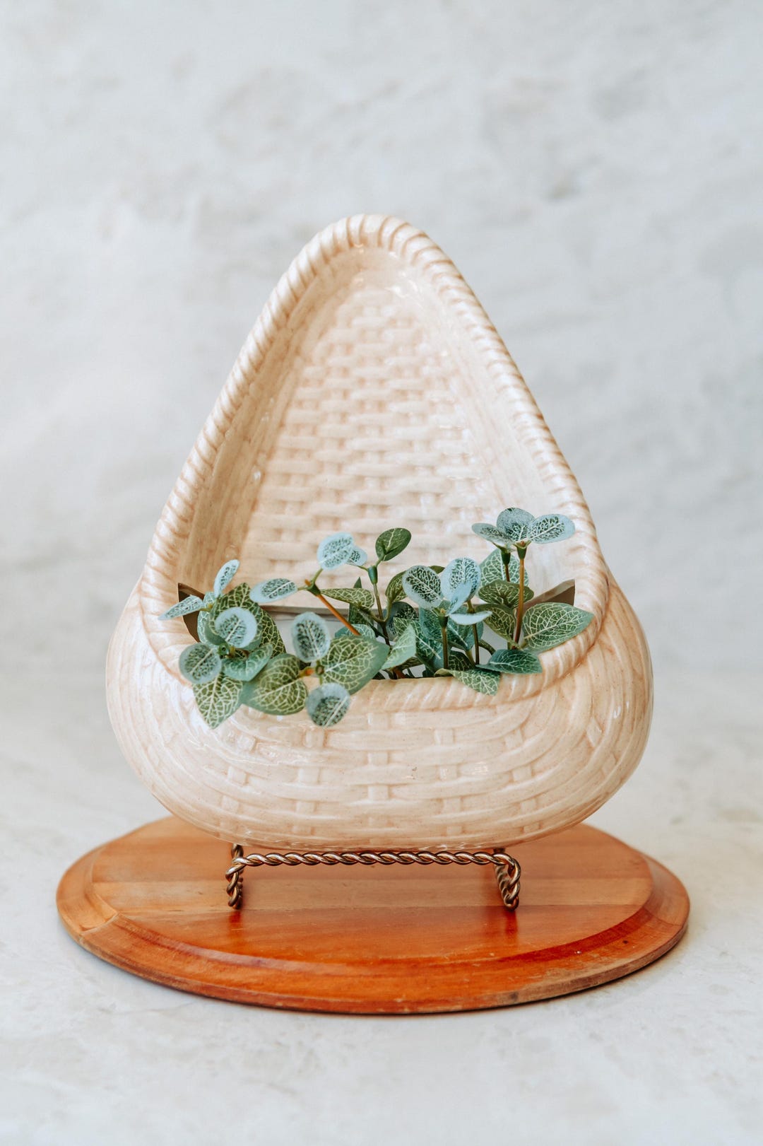 Vintage Ceramic Flower Woven Basket Plant Wall Pocket, Cottagecore Wall ...