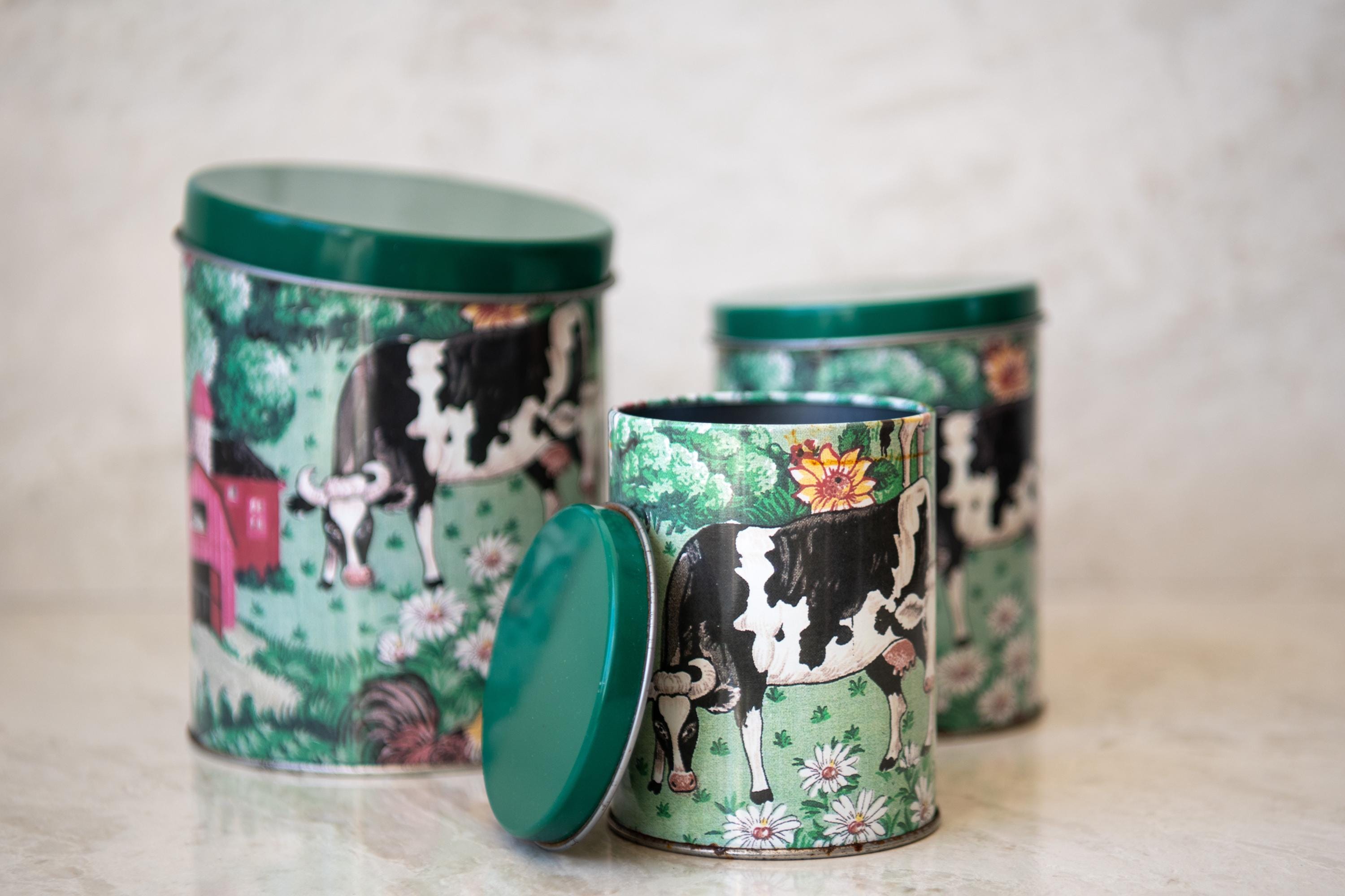 Vintage Dairy Farmhouse Kitchen Canister Set – Cow, Chicken, & Barn ...