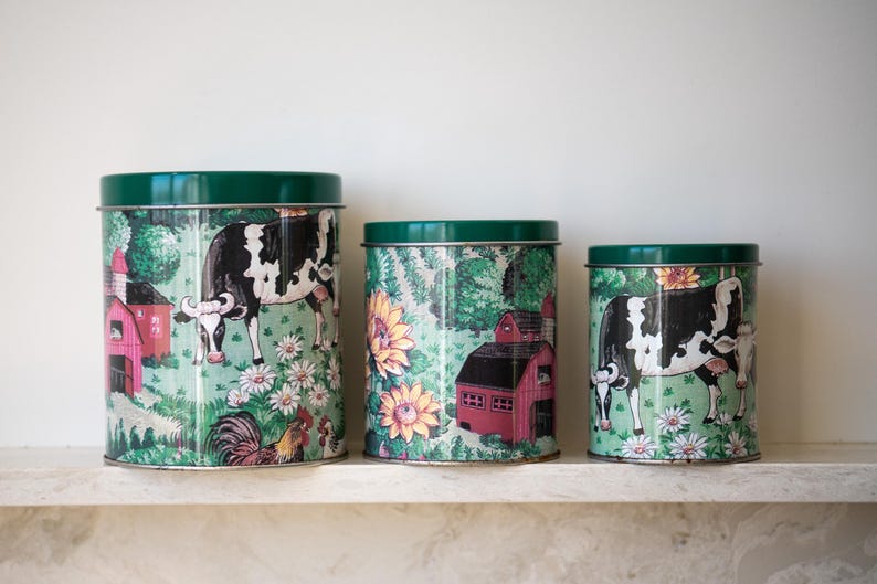 Vintage Dairy Farmhouse Kitchen Canister Set – Cow, Chicken, & Barn ...