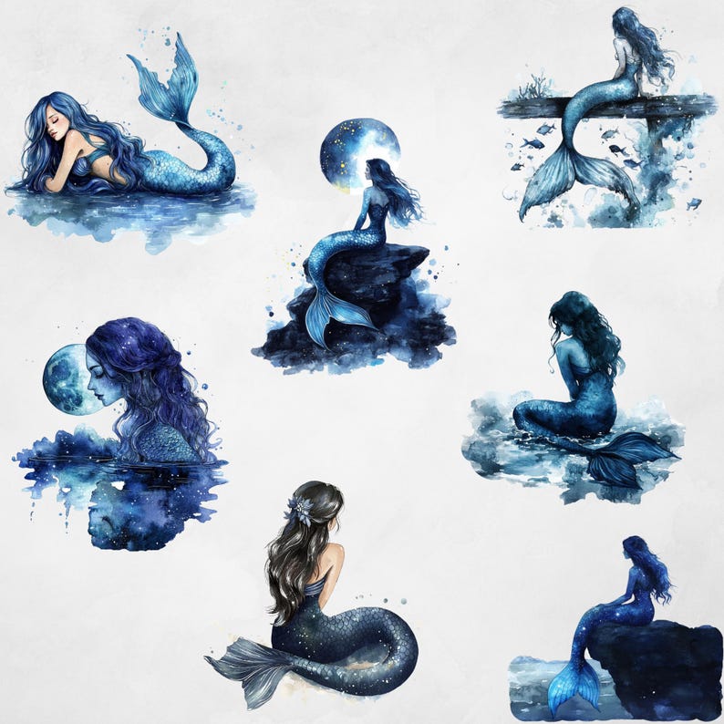 Dark Blue Mermaid Watercolor Clipart, Gothic Mermaid PNG, Fantasy ...