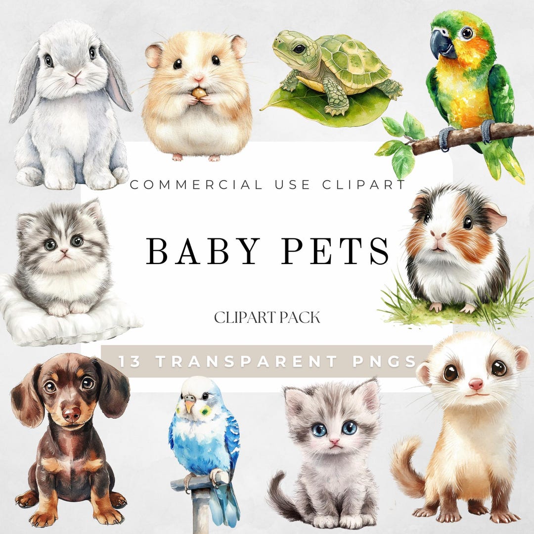 Baby Animal Watercolor Clipart, Cute Baby Pets Clipart, Puppies Clipart ...