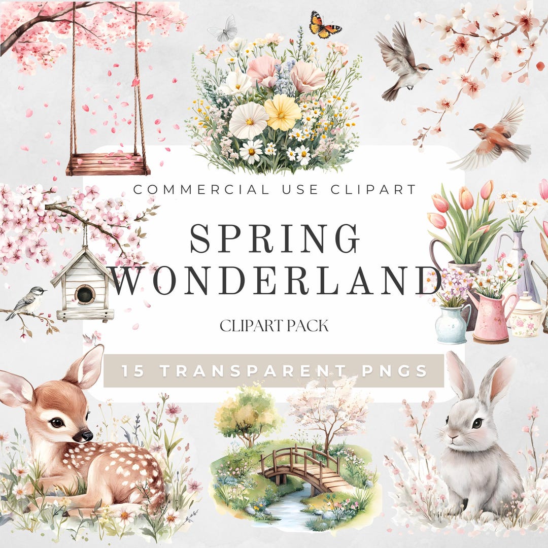 Spring Wonderland Clipart PNG | Watercolor Spring Flowers, Bunny, Deer ...