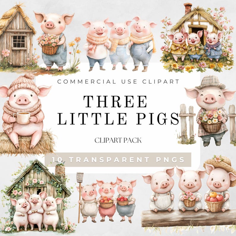 3 Little Pigs Clipart, Watercolor Fairytale Clipart, Cute Pig Clipart ...