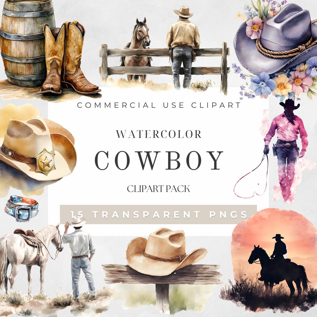 Cowboy Watercolor Clipart, Western PNG, Cowboy Boot PNG, Country Decor ...