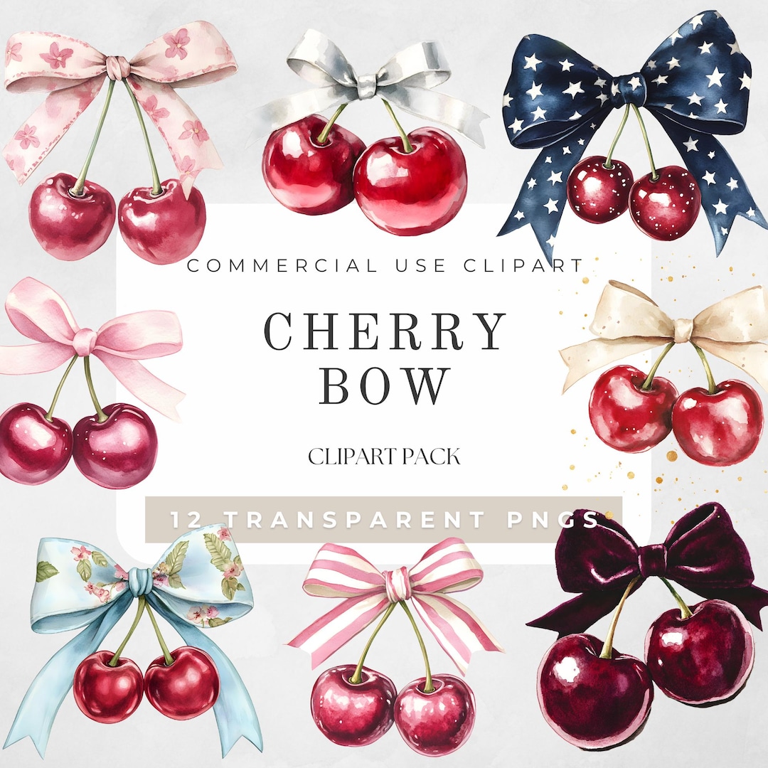 Cute Cherry Clipart PNG Bundle, Retro Fruit Bows, Coquette Aesthetic ...