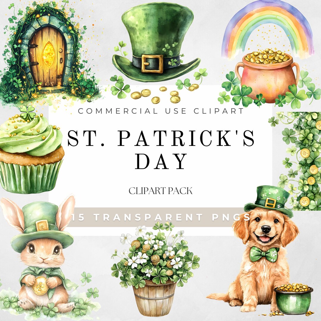 St Patricks Day Clipart PNG Set L Watercolor Shamrock Clover Pot of ...