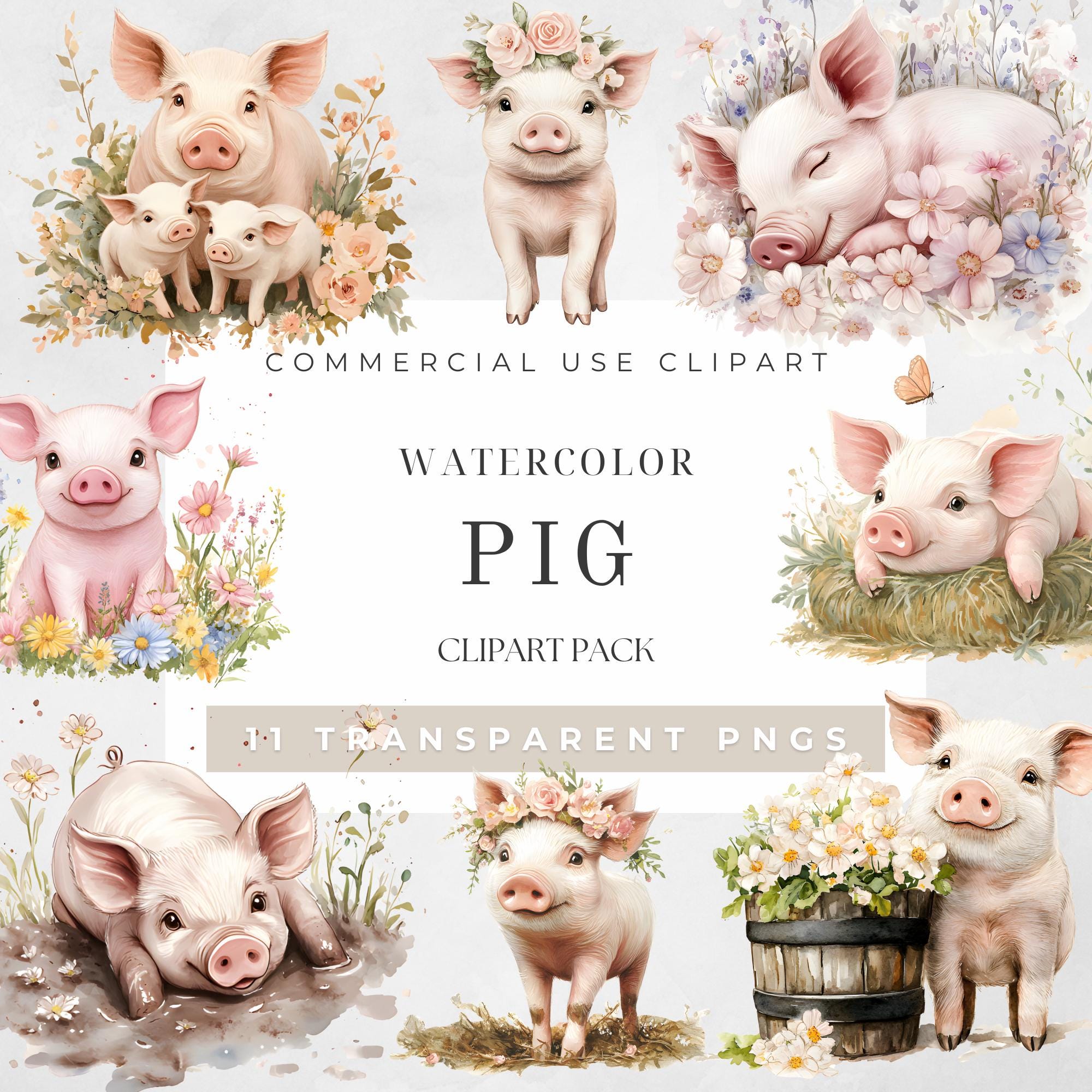 Watercolor Pig Clipart, Cute Pig, Animal Clipart, Farm Clipart ...