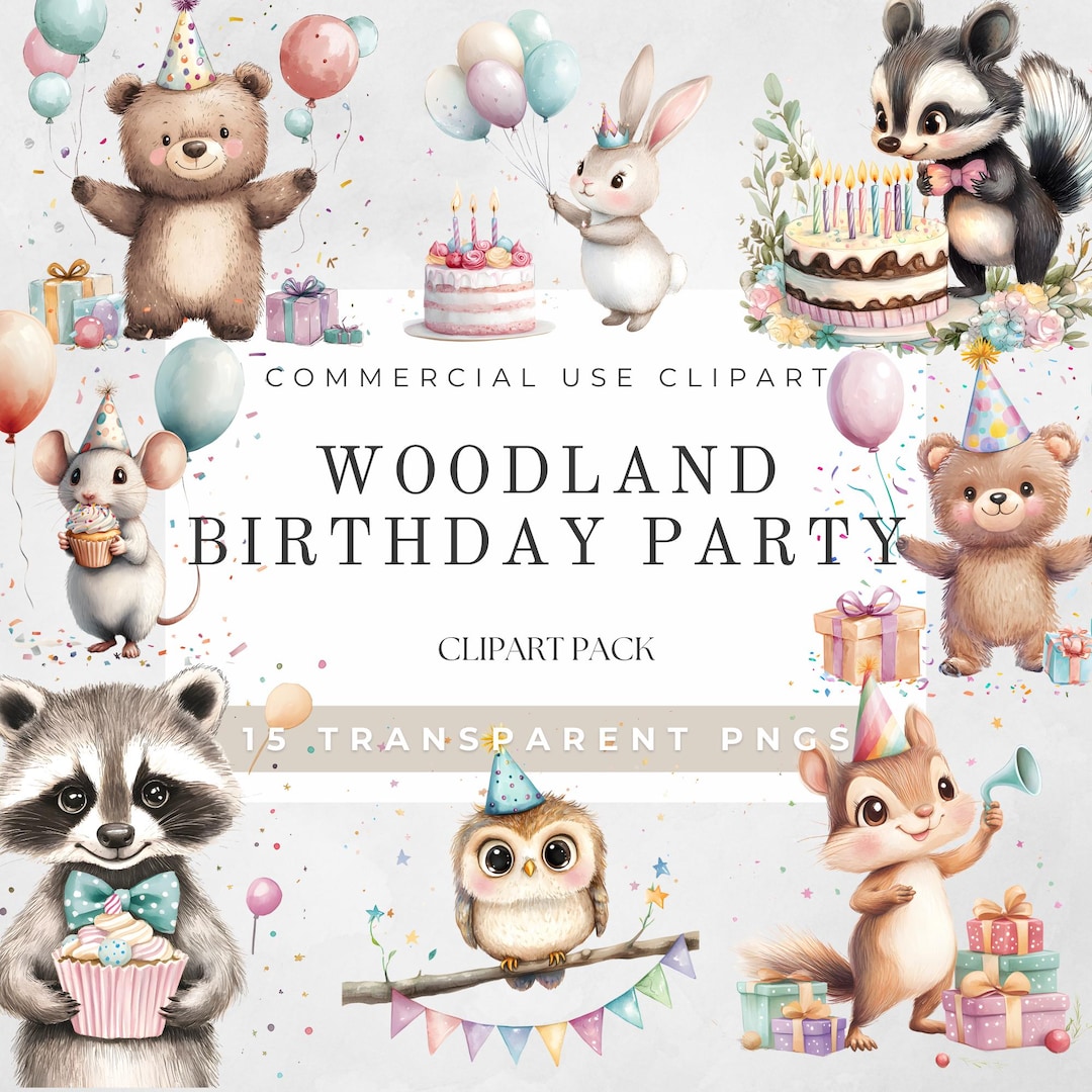 Woodland Birthday Party Clipart for Kids | Cute Forest Animals Birthday ...