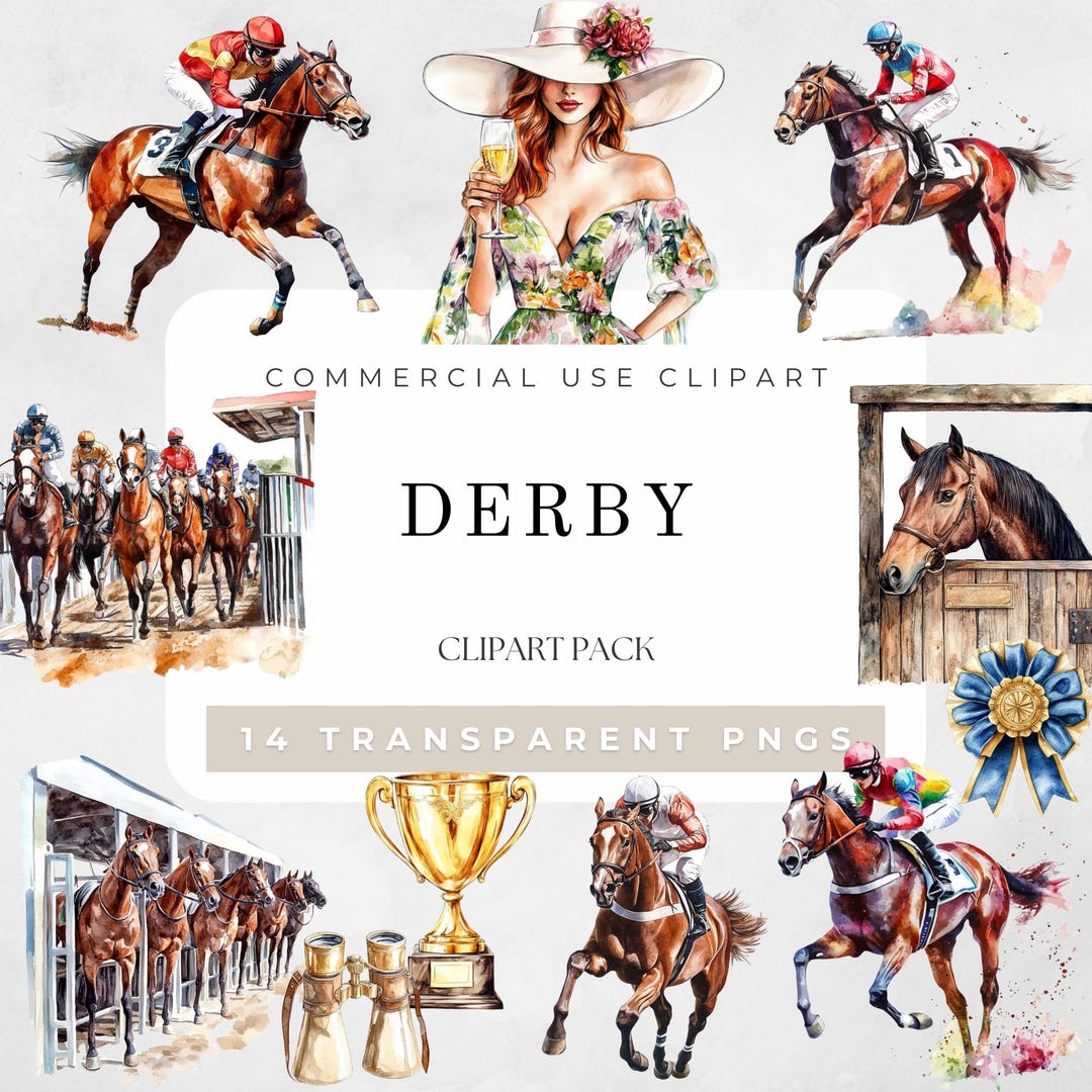 Derby Watercolor Clipart, Kentucky Derby, Race Horses Clipart, Derby ...