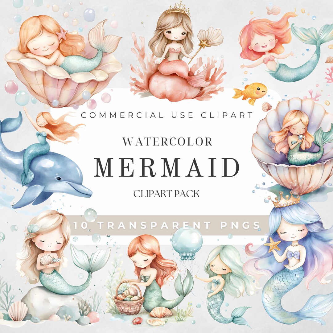 Baby Mermaid Clipart Watercolor, Baby Girl PNG, Nursery Decor, Ocean ...