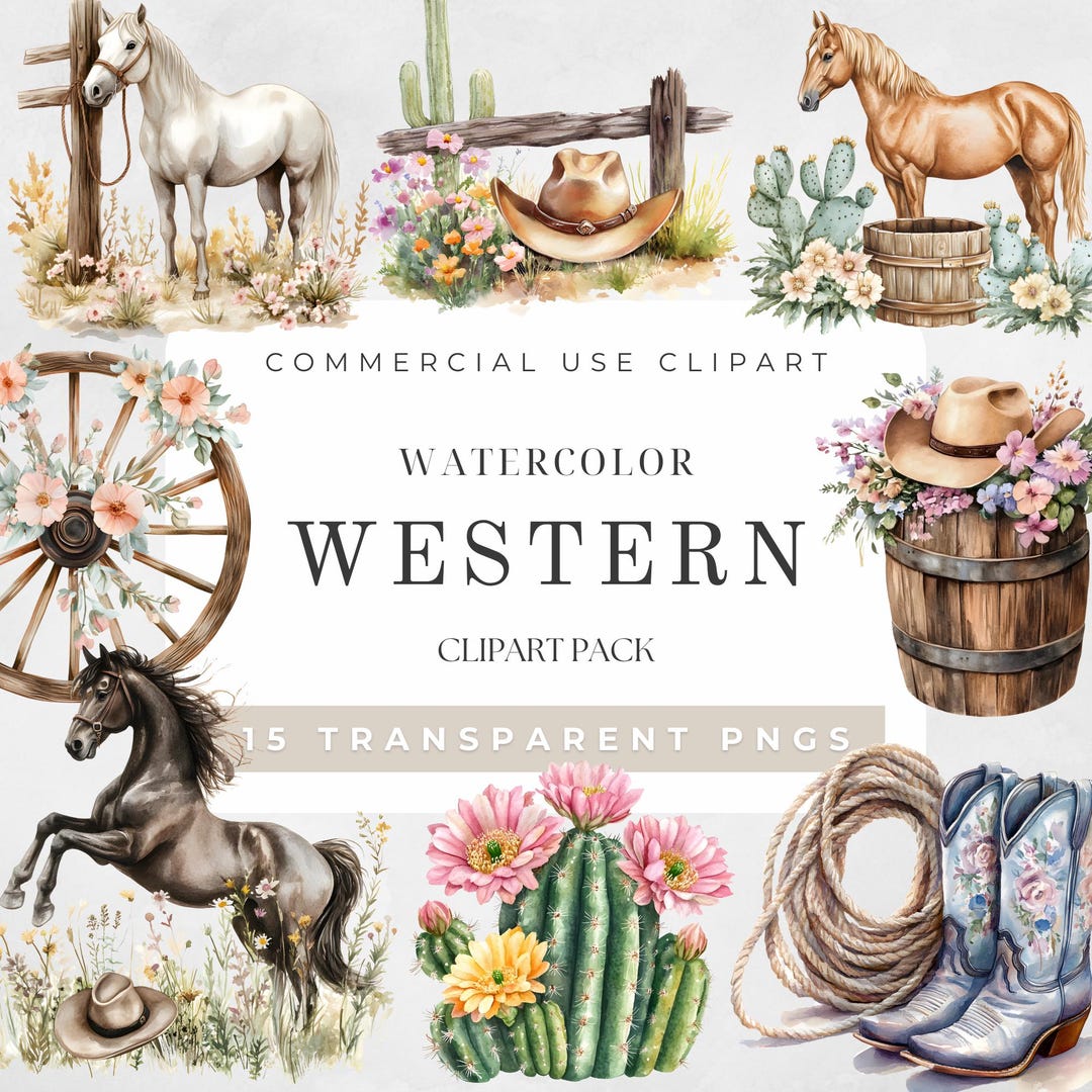 Western Watercolor Clipart, Western PNG, Cowboy Hat PNG, Country Decor ...