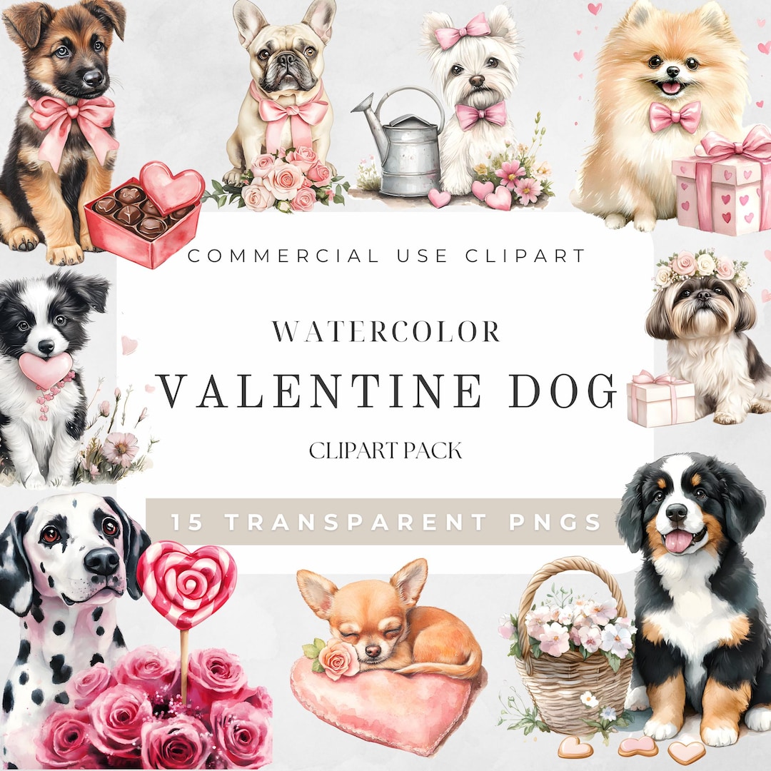 Valentine Dog Clipart PNG Set | Watercolor Valentine Dogs, Cute Puppy ...
